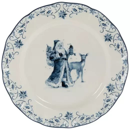 1 Blue White Santa with Reindeer Dinner Plates Vtg 10.3" Ceramic Retro ...