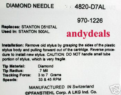 STANTON 500 505 CARTRIDGE Turntable Needle Stylus D5107 D5200SK 500EL ...