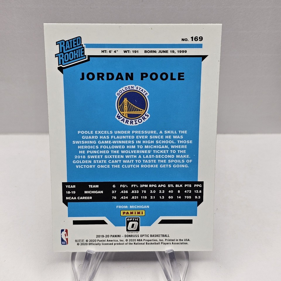 Jordan Poole RC 2019-20 Donruss Optic Rated Rookie Card #169 Warriors ...