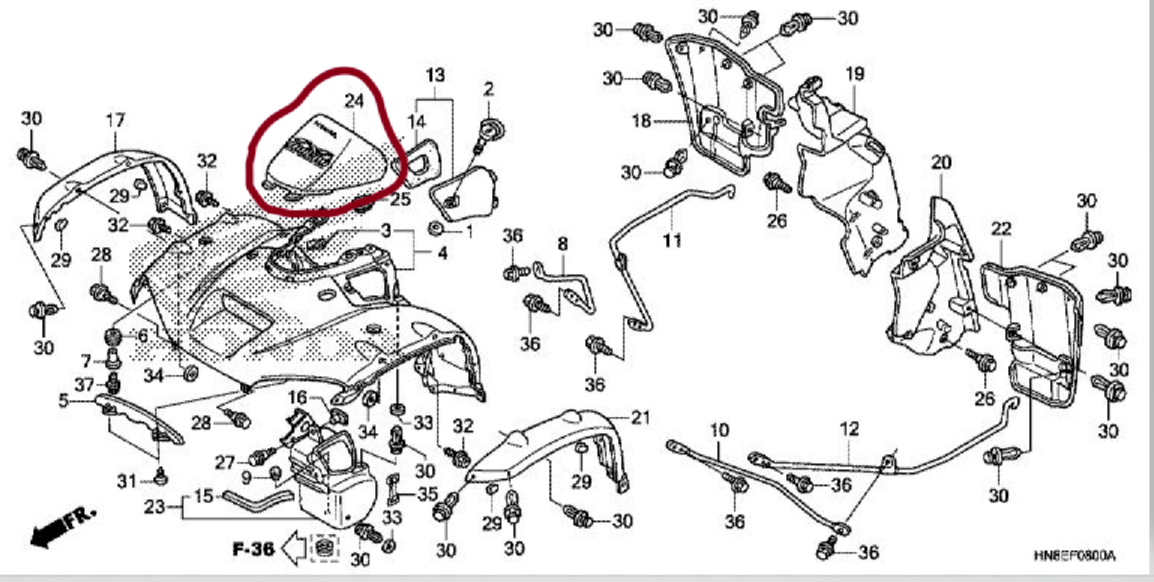 HONDA RINCON 680, FRONT FENDER, BLACK STEERING SHAFT COVER 83450-HN8 ...