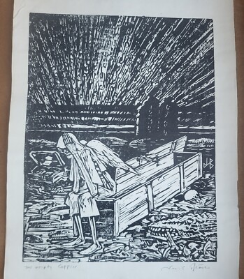 RARE David Ludwig Bloch Woodcut Print "Empty Coffin", Holocaust Linocut ...