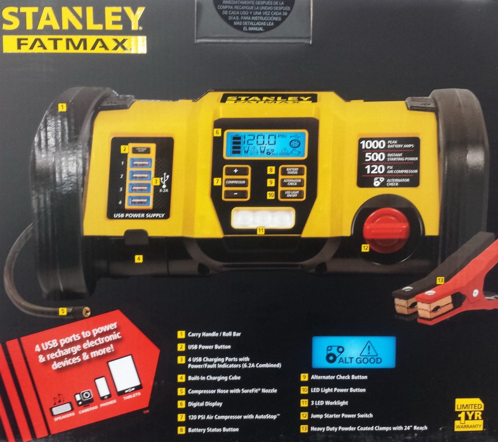 Stanley Fatmax Power Station 12V Jump Starter USB Charger Air Pump 1000 ...