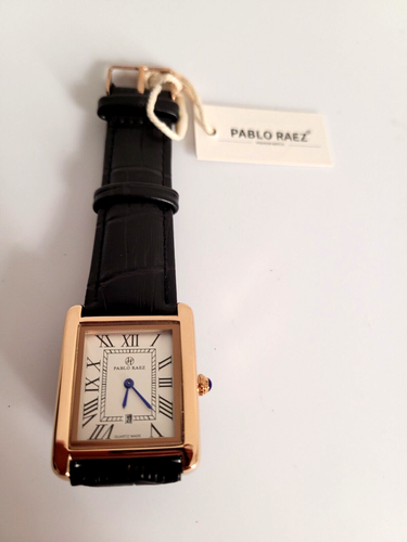 NEW IN BOX! - Pablo Raez 34mm Black Leather Rose Gold Men's Tank Watch ...