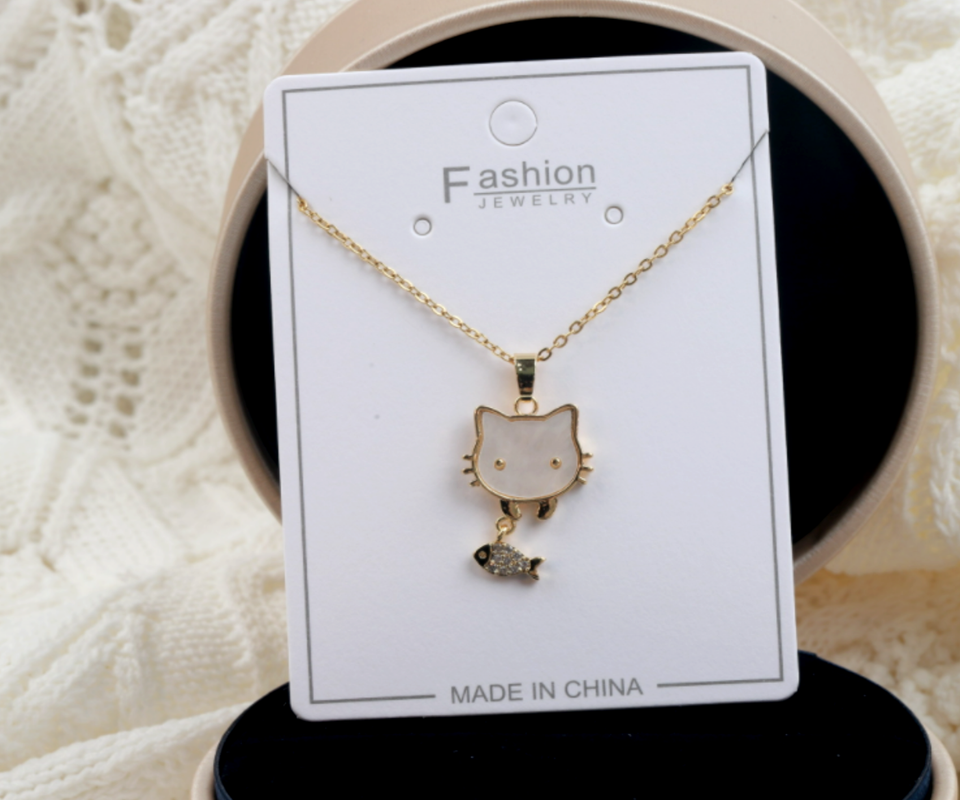 Titanium Gold White Hello Kitty Cat Fish Shell Pave CZ Pendant Chain ...