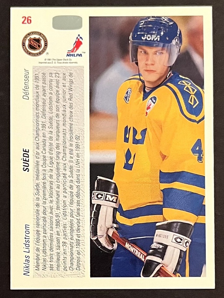 1991-92 UPPER DECK NIKLAS LIDSTROM #26 ROOKIE RC DETROIT RED WINGS ...
