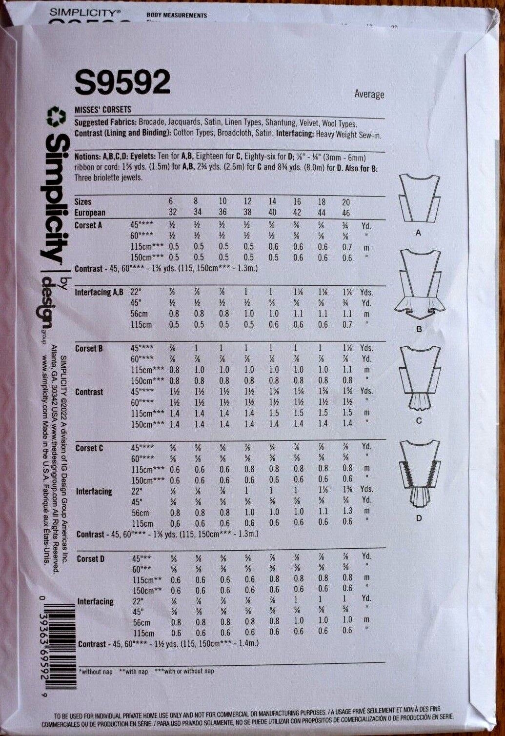 SIMPLICITY PATTERN 9592 CORSETS COSTUMES MISSES SIZES 14 16 18 20 UNCUT ...