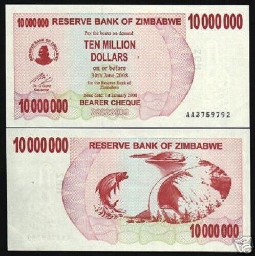 Zimbabwe 10000000 DOLLARS P-55 2008 UNC 10 Million *AA* Zimbabwean ...