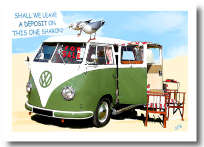 VW CAMPER VAN FOR SALE birthday/greeting card -BY BEACHCOMBER CARDS ...