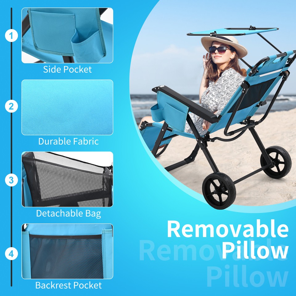 Beach Cart Chair, 2 in 1 Foldable Chaise Lounge Chair Integrated Wagon ...
