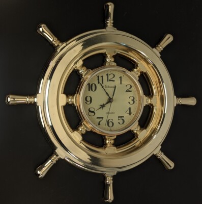 Vintage Ship Captain Wheel Nautical Wall Clock Telesonic Quartz Gold ...