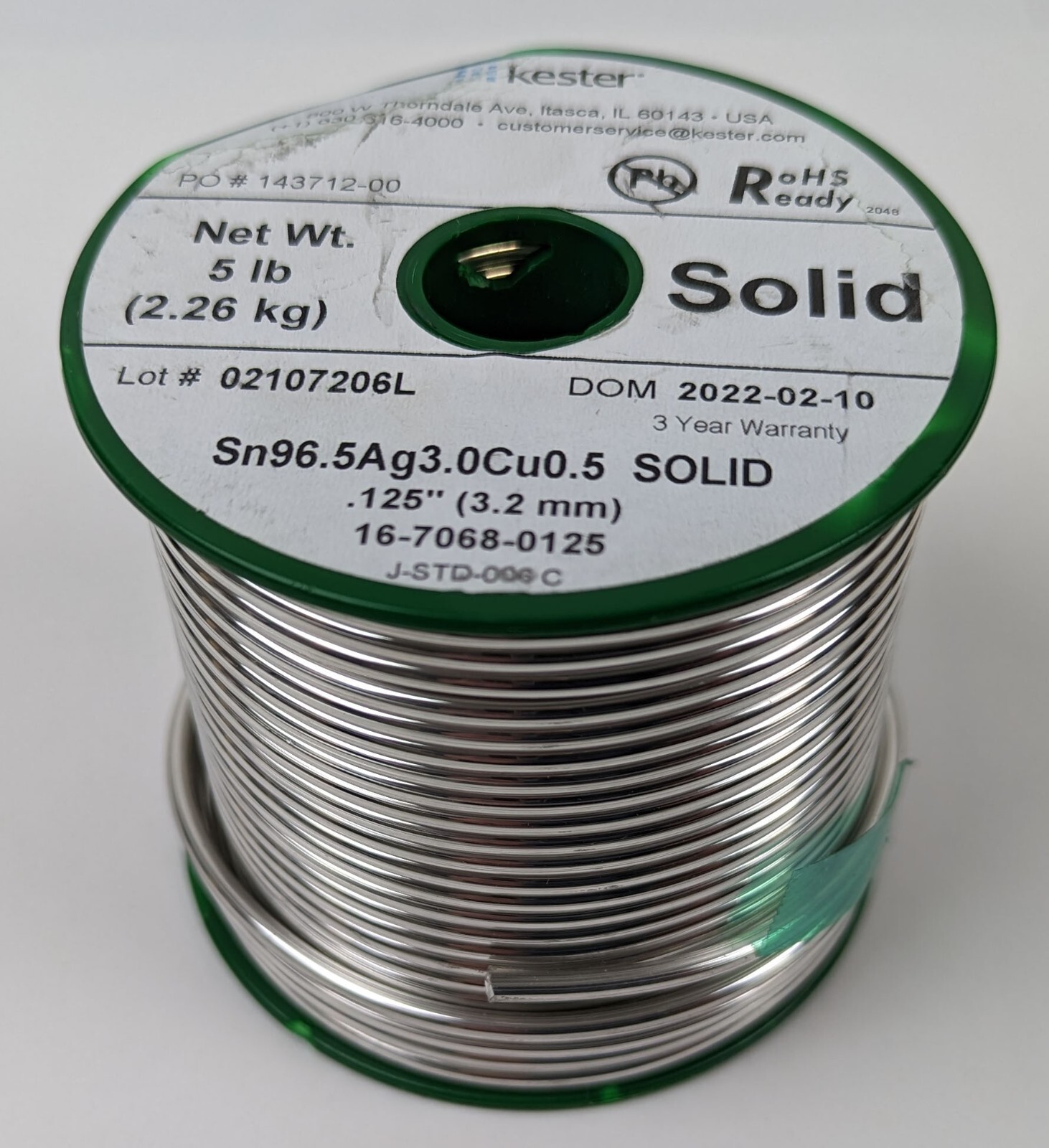 5lb Kester Solder .125" 3.2mm SAC305 96.5%Sn 3%Ag .5%Cu Solid 16-7068 ...