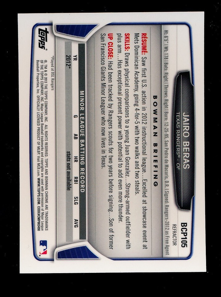 JAIRO BERAS ⚾ 2013 Bowman Chrome #BCP105 Blue Wave Refractor Rangers | eBay