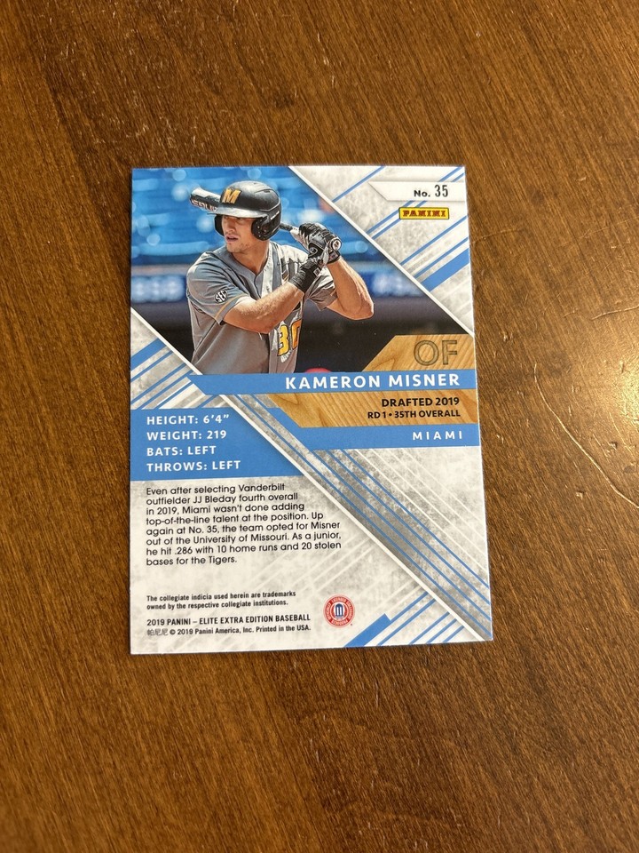 Kameron Misner 2019 Panini Elite Extra Edition #35 Miami Marlins ...