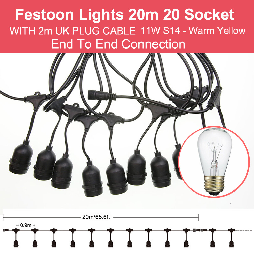 20M S14 Outdoor Patio String Festoon Lights Mains Powered 24 Bulb Warm ...