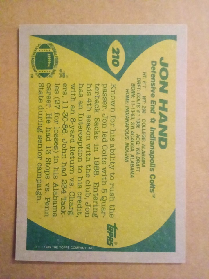 Jon Hand 210 Topps 1989 NFL Football Card | eBay