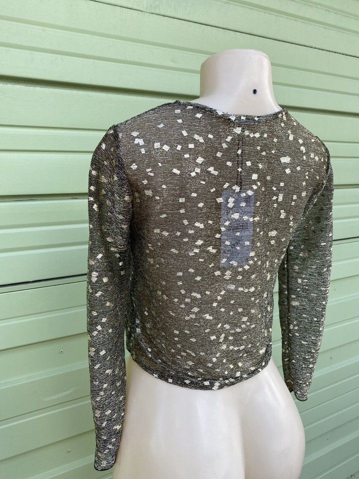 ZARA METALLIC THREAD T SHIRT EFFECT SEMI SHEER TOP LONG SLEEVES S #1906 ...