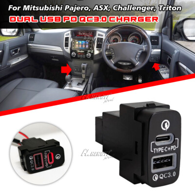 TYPE C +QC 3.0 USB Charger Red LED For Mitsubishi Outlander Lancer ...