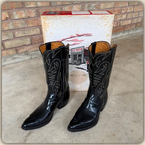 1971 Vtg JUSTIN Black Leather Cowboy Boots 8.5 D w/ ORIGINAL BOX 70s ...