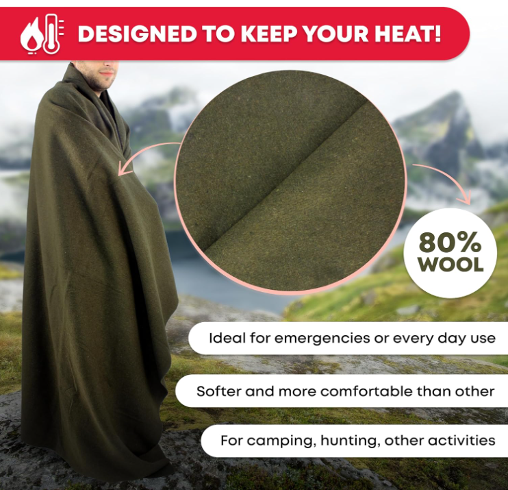 US Military Wool Blanket (80% Wool) Thick Washable 66" x 90" Heavy Wool ...