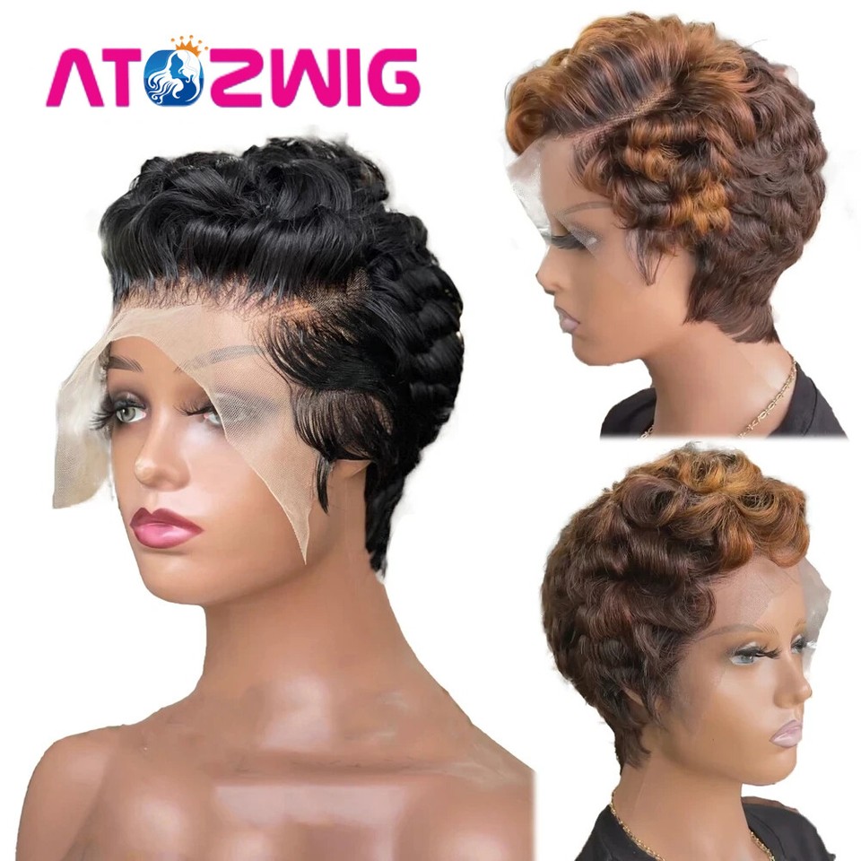 Short Human Hair Wig Highlight Pixie Cut Lace Front Human Hair Wigs ...