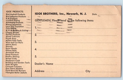 Newark NJ Postal Card Igoe Brothers Inc Avenue A Poinier Street c1940's ...