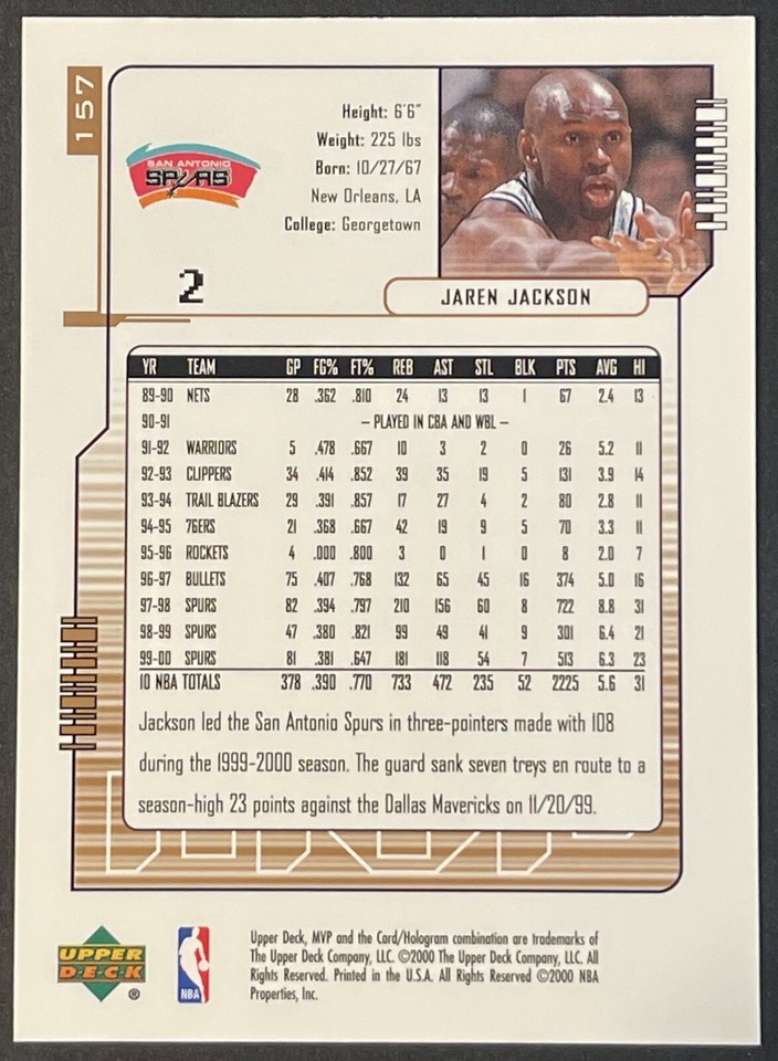 2000-01 Upper Deck MVP San Antonio Spurs Basketball Card #157 Jaren ...
