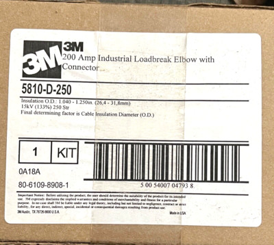 3M 200 AMP Industrial Loadback Elbow with Connector 5810-D-250 Kit NEW ...