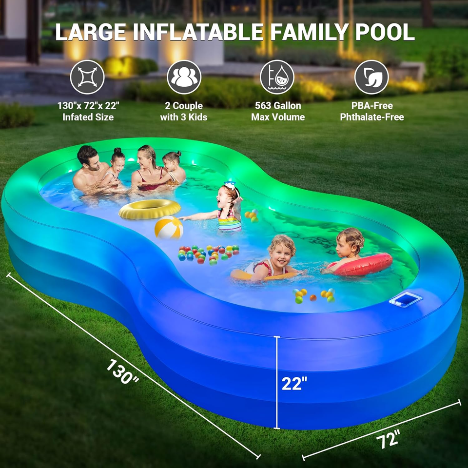 Extra Large Inflatable Pool with Lights, 130'' X 72'' X 22'' Big Adults ...
