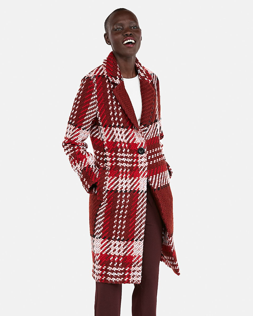 NEW EXPRESS $228 RED PLAID ONE BUTTON CAR COAT SZ S SMALL | eBay