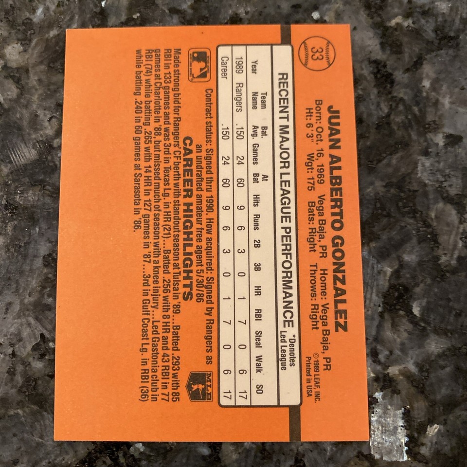 1990 Donruss JUAN GONZALEZ #33 RARE ERROR ROOKIE CARD REVERSE NEGATIVE ...