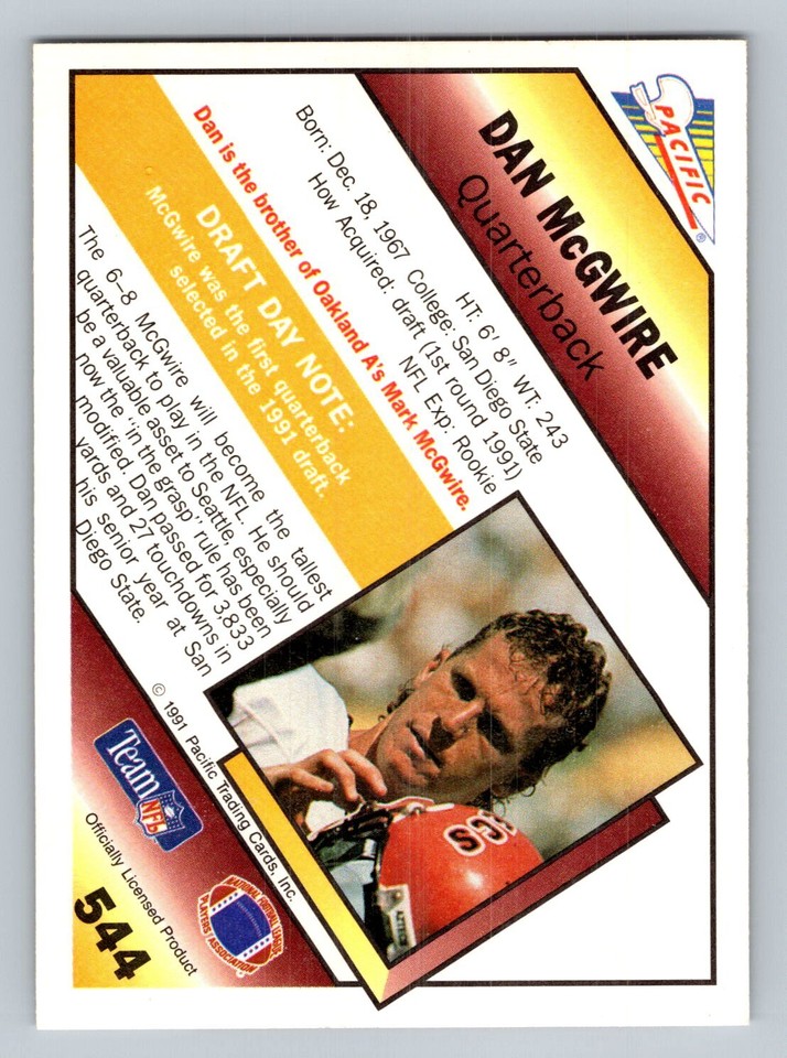 Dan McGwire RC Rookie 1991 Pacific #544 Seattle Seahawks | eBay