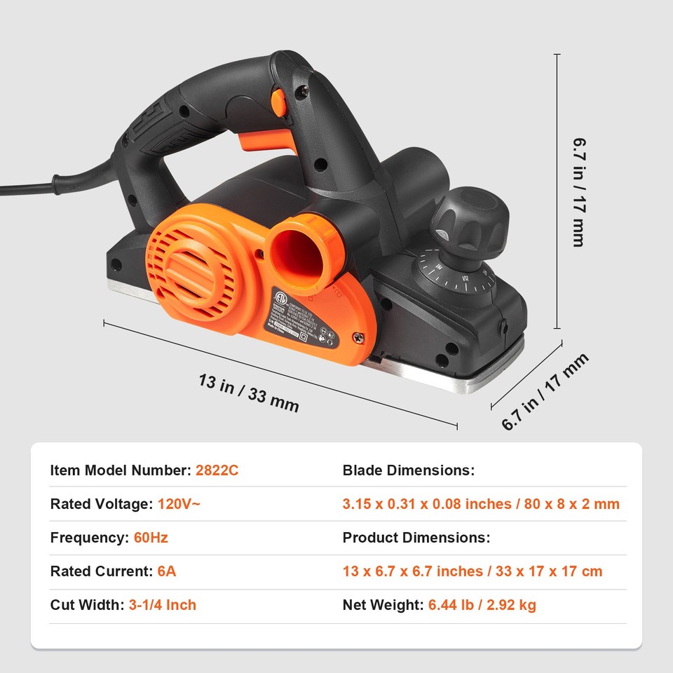 Hand Planer Corded Electric Hand Planer 3-1/4" 16500 RPM Woodworking ...