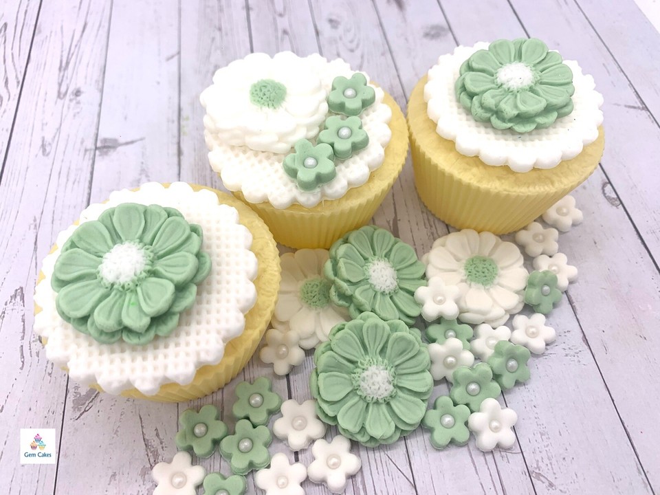 30 Edible Flowers Sage Green Bouquet Fondant Sugar Cake Toppers ...