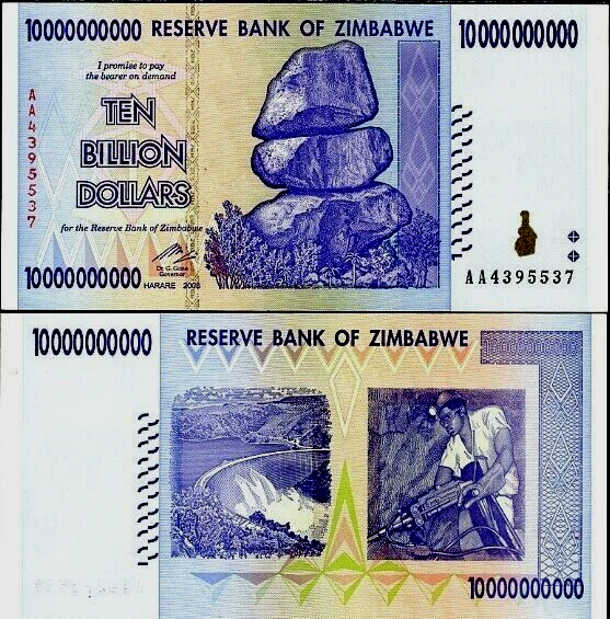 Zimbabwe 10000000000 DOLLARS P-85 2008 10 BILLION 50 & 100 Trillion ...