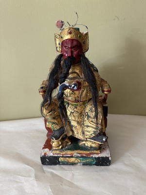 Old Chinese Statue Wooden Gilt Painted Seated Emperor Beard 11 ...