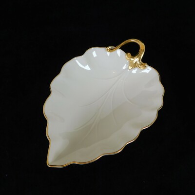 Lenox Woodleaf Collection Gold Trim Leaf Shaped Dish Cream Colored 7.25 ...