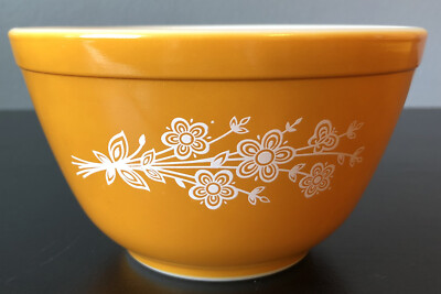 Vintage 50s PYREX Mixing Bowl - Golden Yellow With White Floral Bouquet ...