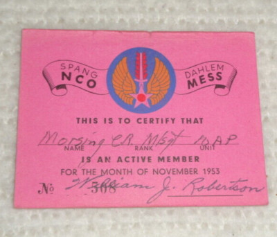 1953 Spangdahlem Air Base Germany NCO Mess Active Member ID Card | eBay