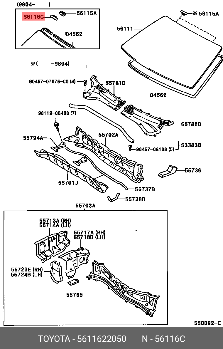 Genuine OE spacer, windshield glass, 5611622050 for TOYOTA 56116-22050 ...