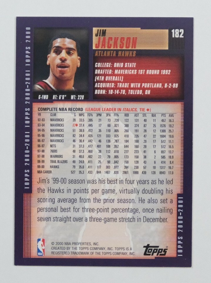 2000-01 Topps NBA Trading Card #182 Jim Jackson | eBay
