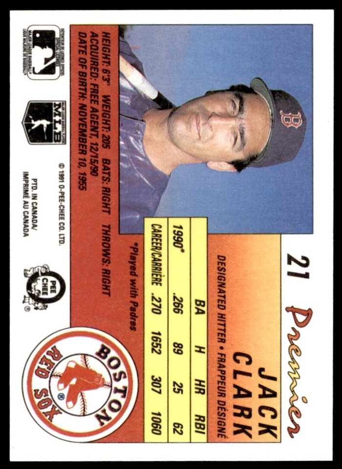 1991 O-Pee-Chee Premier Jack Clark Boston Red Sox #21 | eBay
