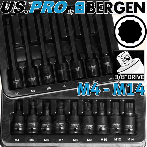 US PRO IMPACT SPLINE Bit Socket Set Short & Long Key 12 POINT Socket M4 ...