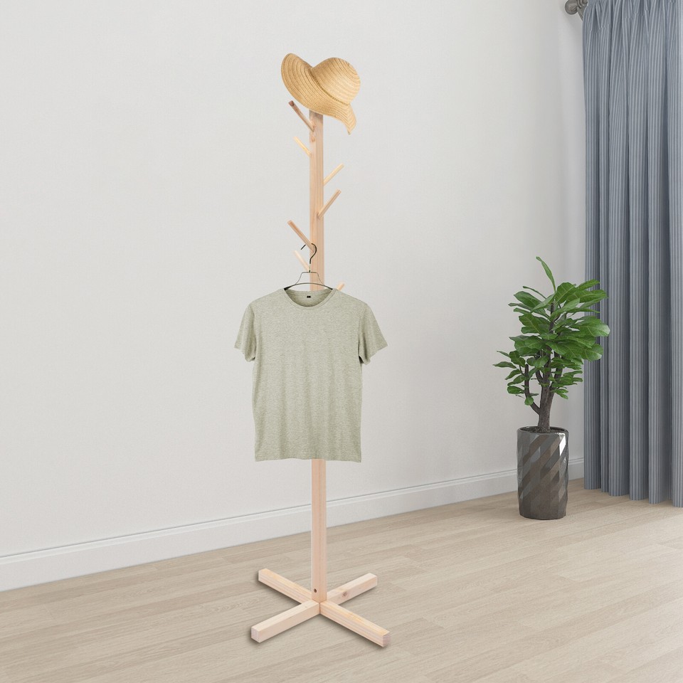 8 Hooks Wooden Coat Rack Stand Free Standing Tree Clothes Hanger Coat ...