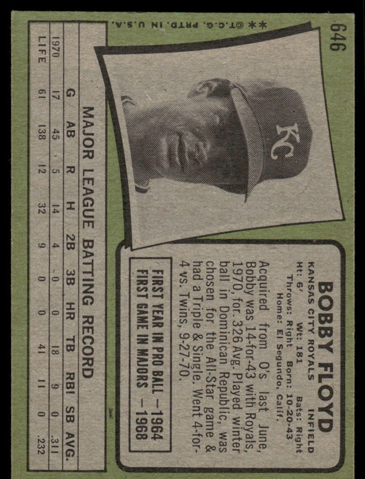 1971 Topps #646 Bobby Floyd Kansas City Royals | eBay