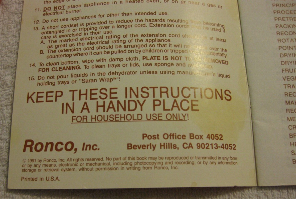 Ronco Food Dehydrator Yogurt Maker Beef Jerky Machine Instruction ...