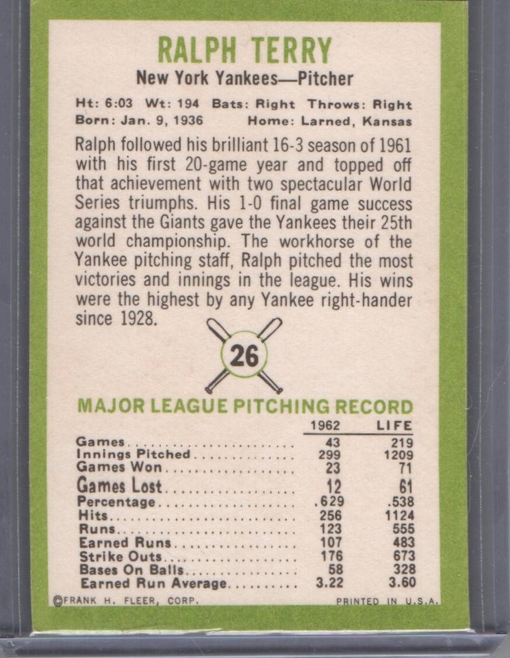 1963 Fleer Baseball Card Ralph Terry Pitcher New York Yankees NR MT ...