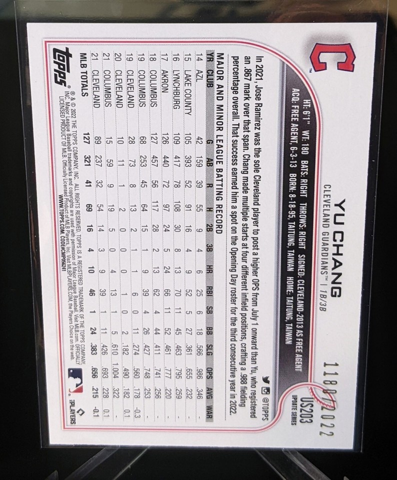 2022 Topps Update YU CHANG Gold Parallel Card #US203 Serial # 1180/2022 ...