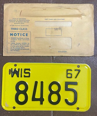 Wisconsin 1967 MOTORCYCLE License Plate WITH ENVELOPE - MINT CONDITION ...