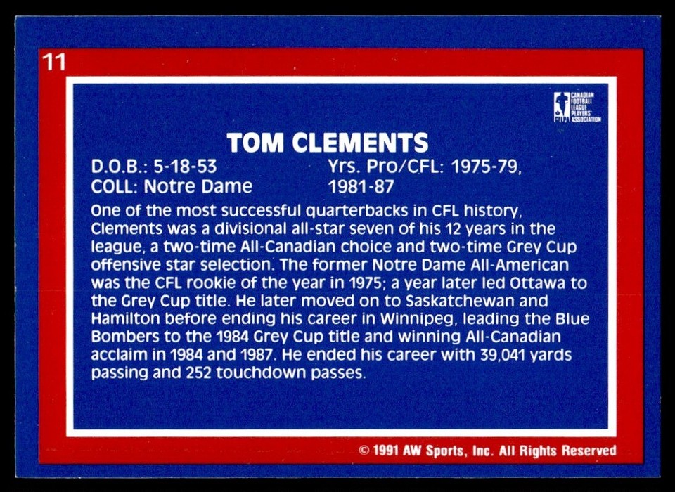 1991 All World CFL Tom Clements Winnipeg Blue Bombers #11 | eBay