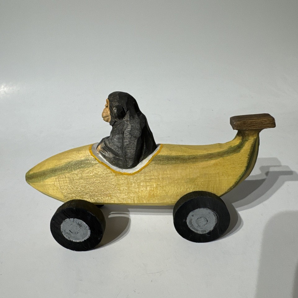 Monkey in Banana Race Car Derby Unique 6" Wood Carved & Painted Folk ...